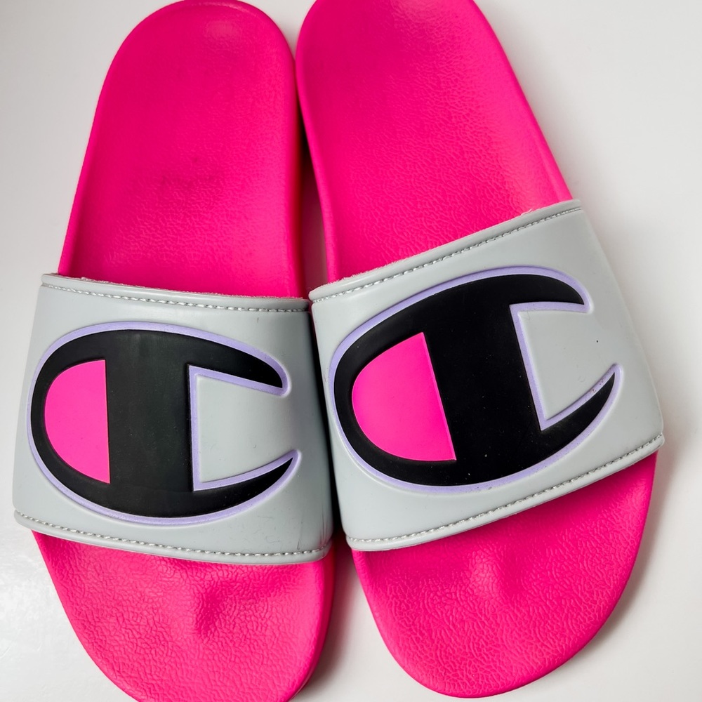 Champion Slides Women Logo Hot Pink Grey Size 8w - Gem